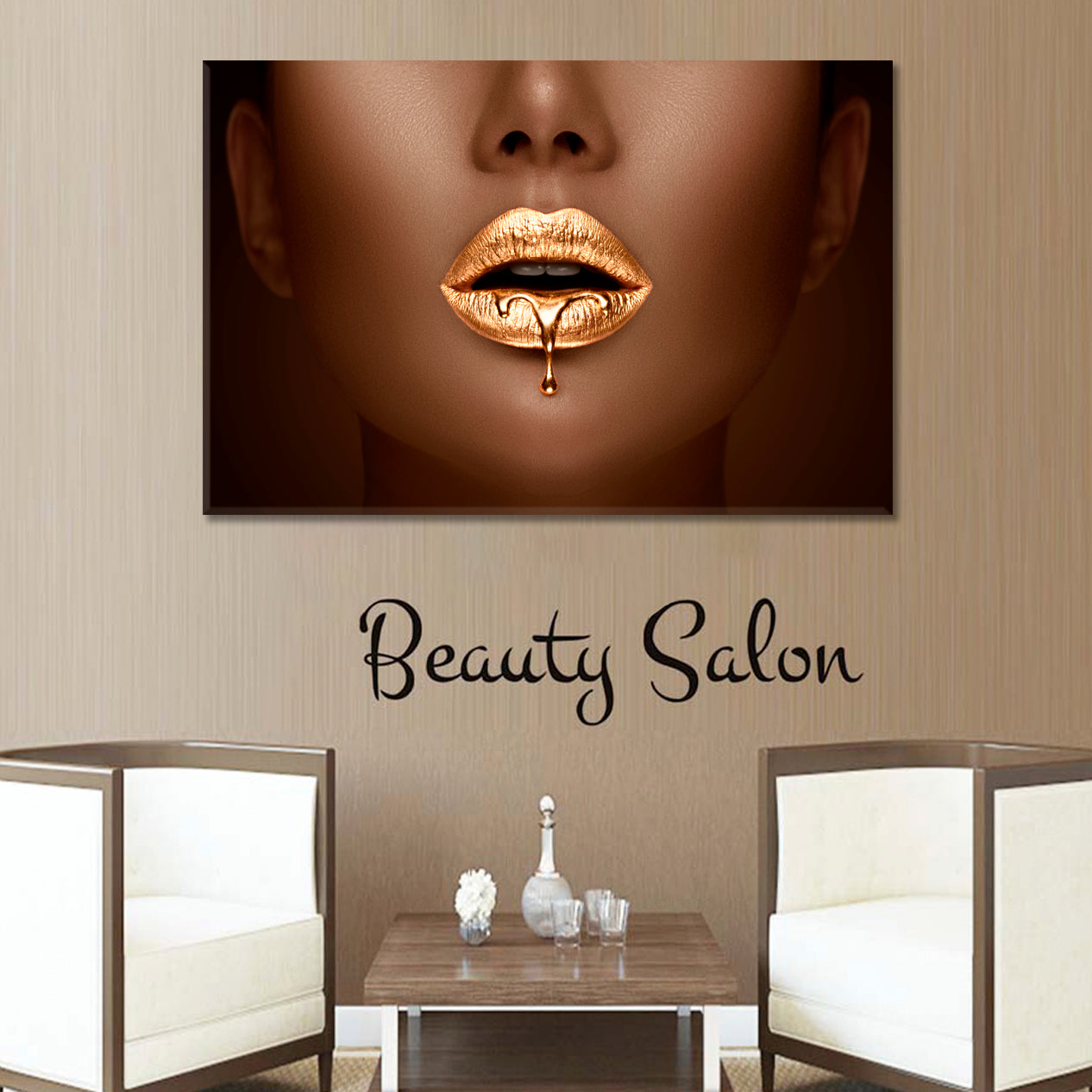 Beautiful Golden Lipstick Dripping Makeup Gold Lips - Artesty.com