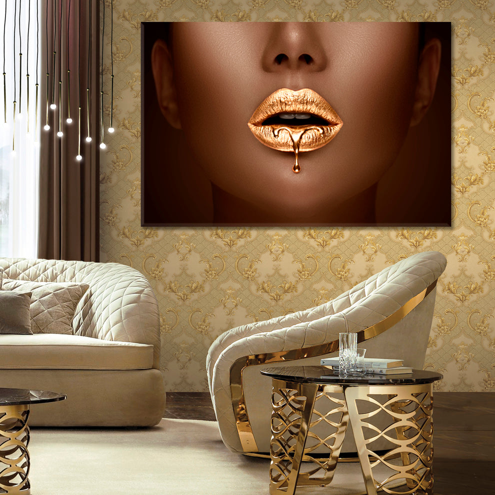 Beautiful Golden Lipstick Dripping Makeup Gold Lips - Artesty.com