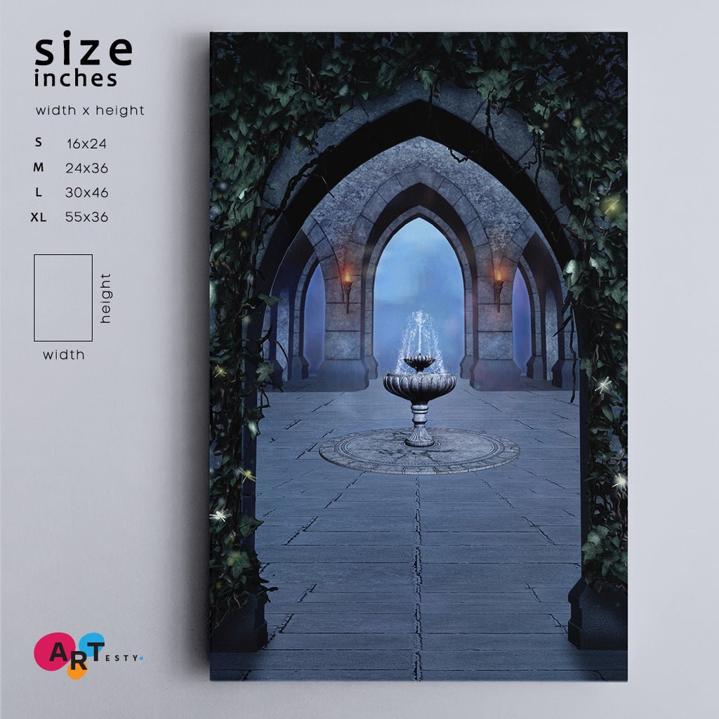 ARCHED VAULT AND FOUNTAIN Font Medieval Castle at Night Urban | Vertic ...