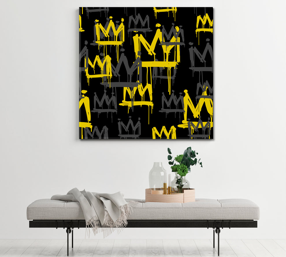 Yellow Crown Black Grunge Artwork Abstract Vivid Basquiat Crown Art ...